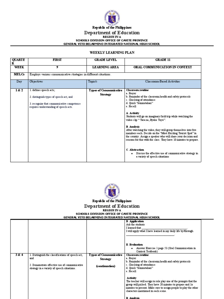 Weekly Learning Plan 9 Pdf Learning Cognitive Science