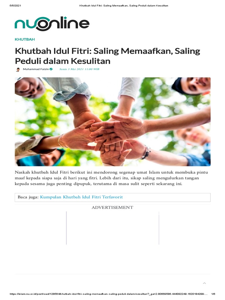 Khutbah Idul Fitri - Saling Memaafkan, Saling Peduli Dalam Kesulitan ...