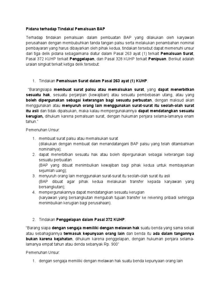 Pemalsuan BAP: Tindak Pidana dan Pasal Terkait | PDF | Hukum