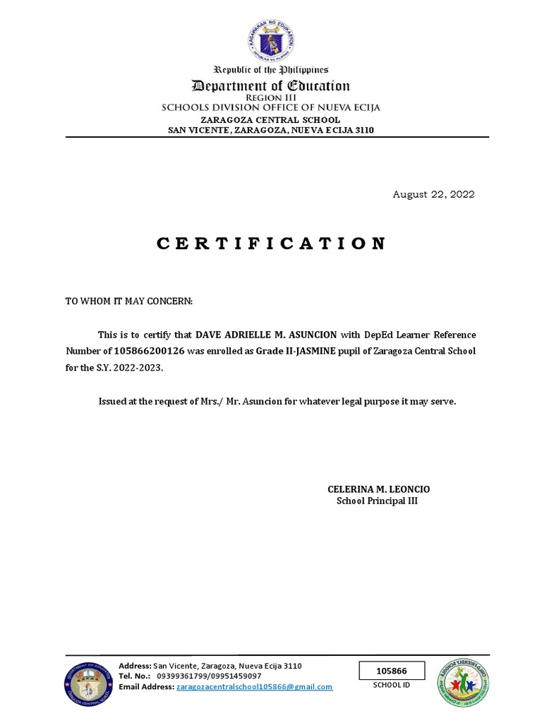 Zcs School Certificate of Enrolment Maam Merez 2022 2023 2 | PDF