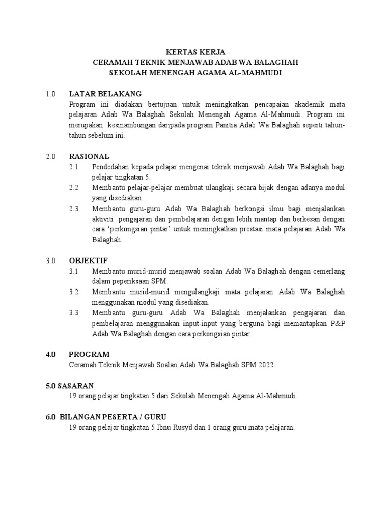 Kertas Kerja Bengkel Adab Wa Balaghah 2022 | PDF