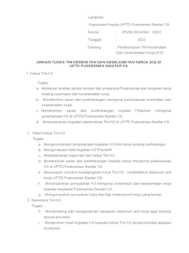 Lampiran SK Kesehatan Dan Keselamatan Kerja (K3) | PDF