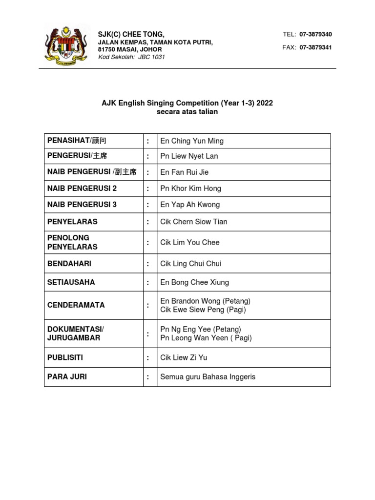 Ajk Pertandingan English Singing Competition | PDF