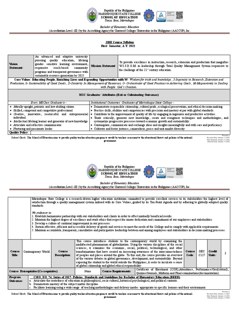 MSC OBE Course Syllabus | PDF | Teachers | Academic Dishonesty