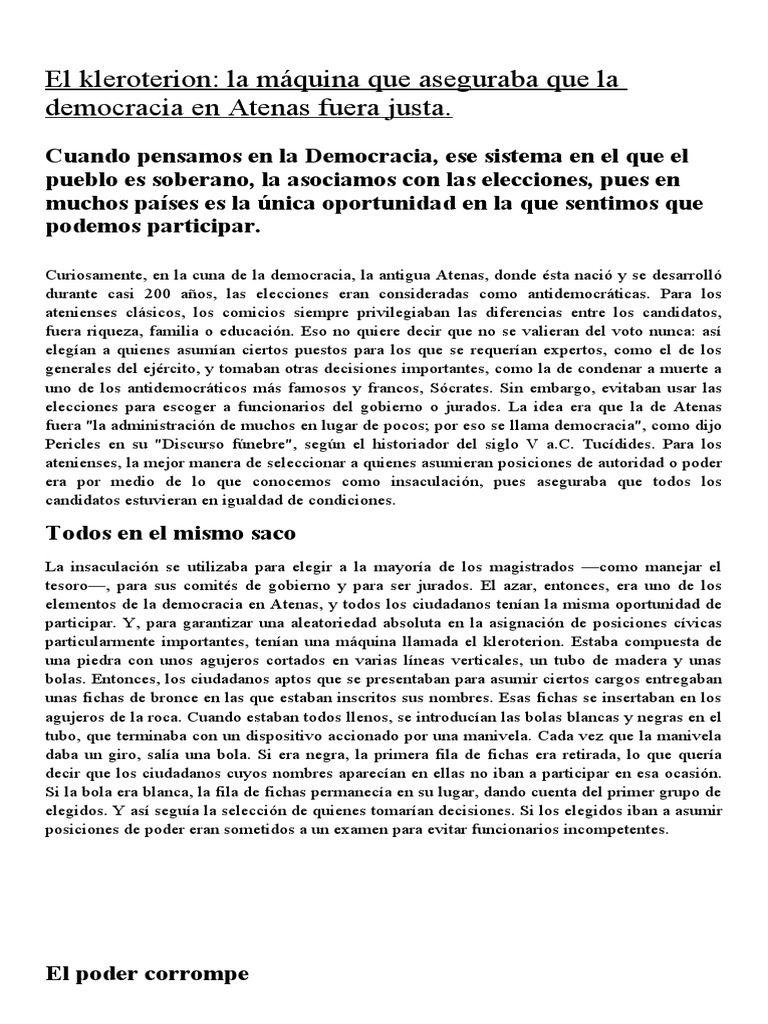 El Kleroterion - Maquina de La Democracia Ateniense. | PDF | Democracia ...