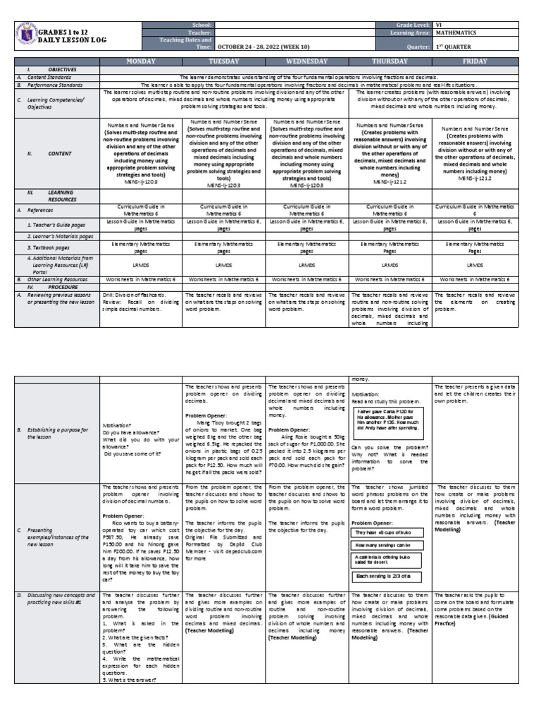 DLL - Mathematics 6 - Q1 - W10 | PDF | Curriculum | Mathematics