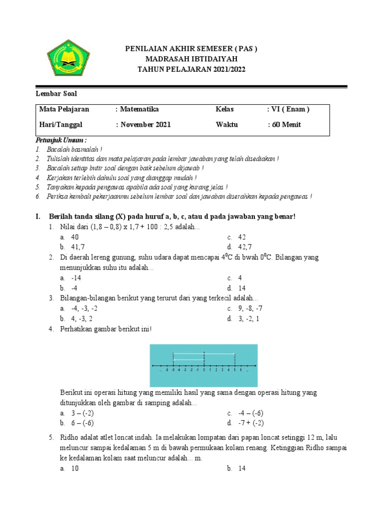 Soal UAS Matematika Kelas 6 Semester 1 | PDF