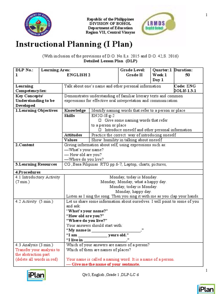 Eng2 q1 w1 Day1 | PDF | Lesson Plan | Information