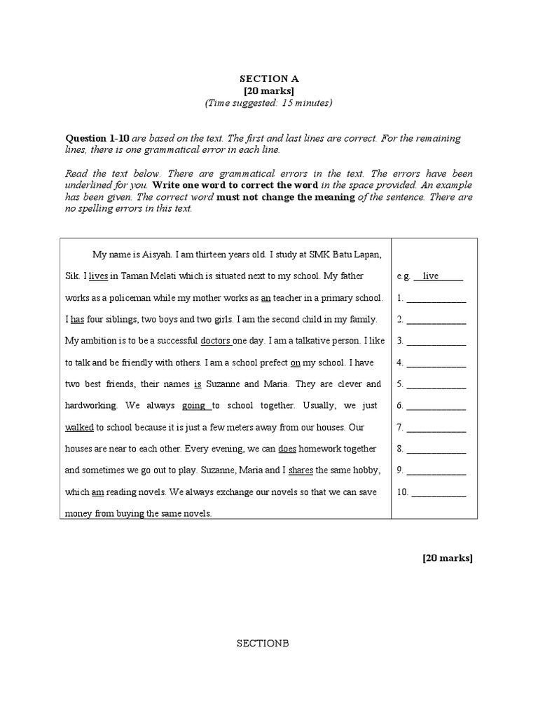Form 1 English Language Test 1 - A | PDF | Linguistics