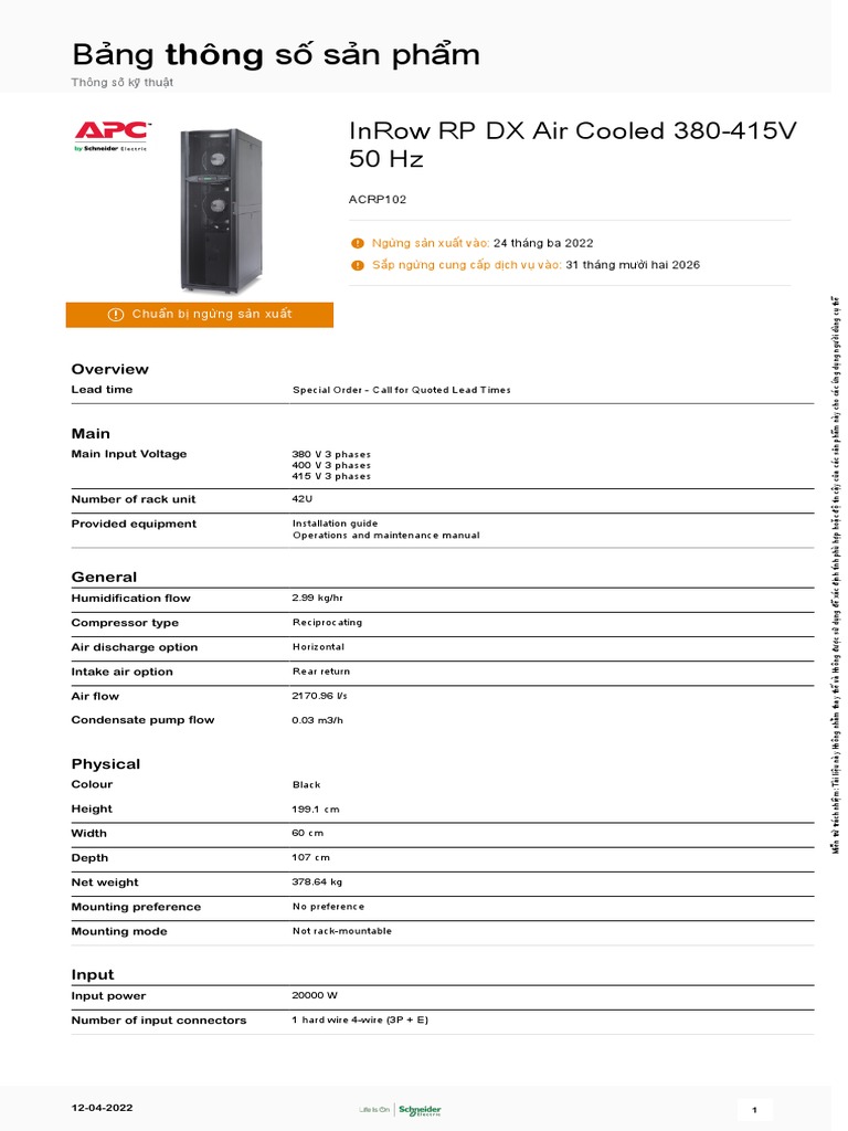 Uniflair Direct Expansion InRow Cooling - ACRP102 | PDF