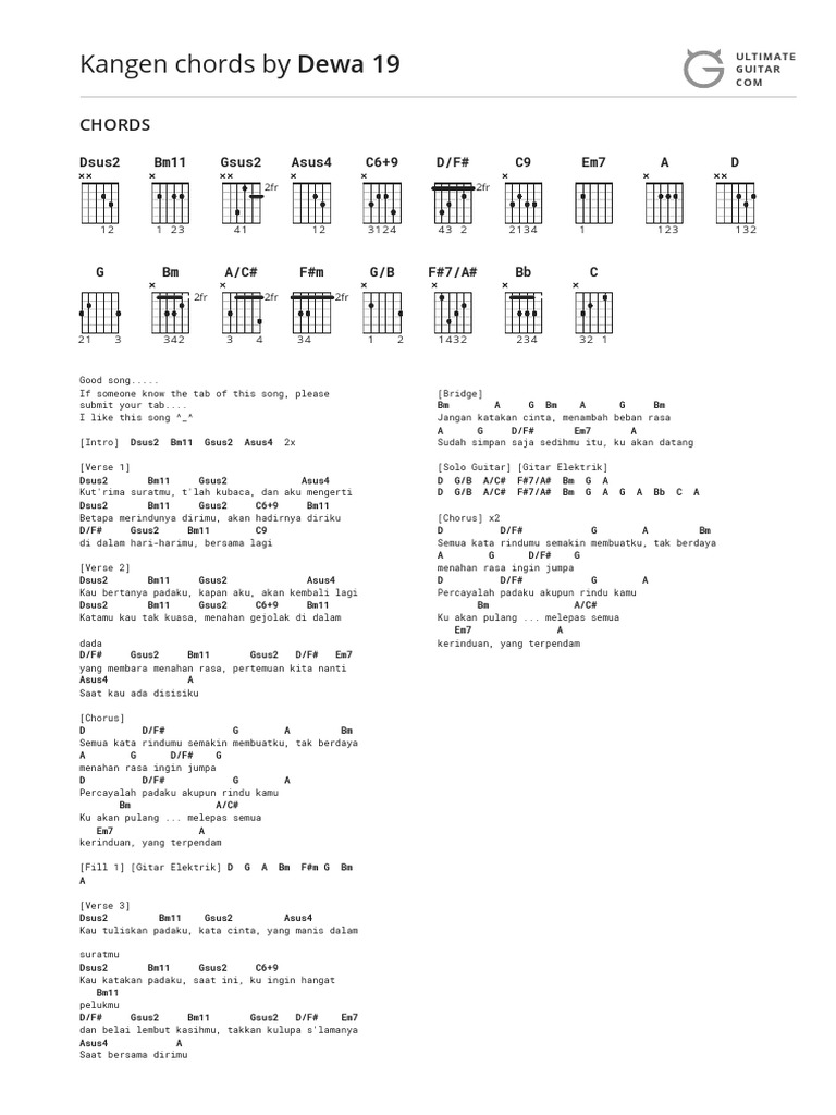 Kangen Chords by Dewa 19tabs at Ultimate Guitar Archive | PDF