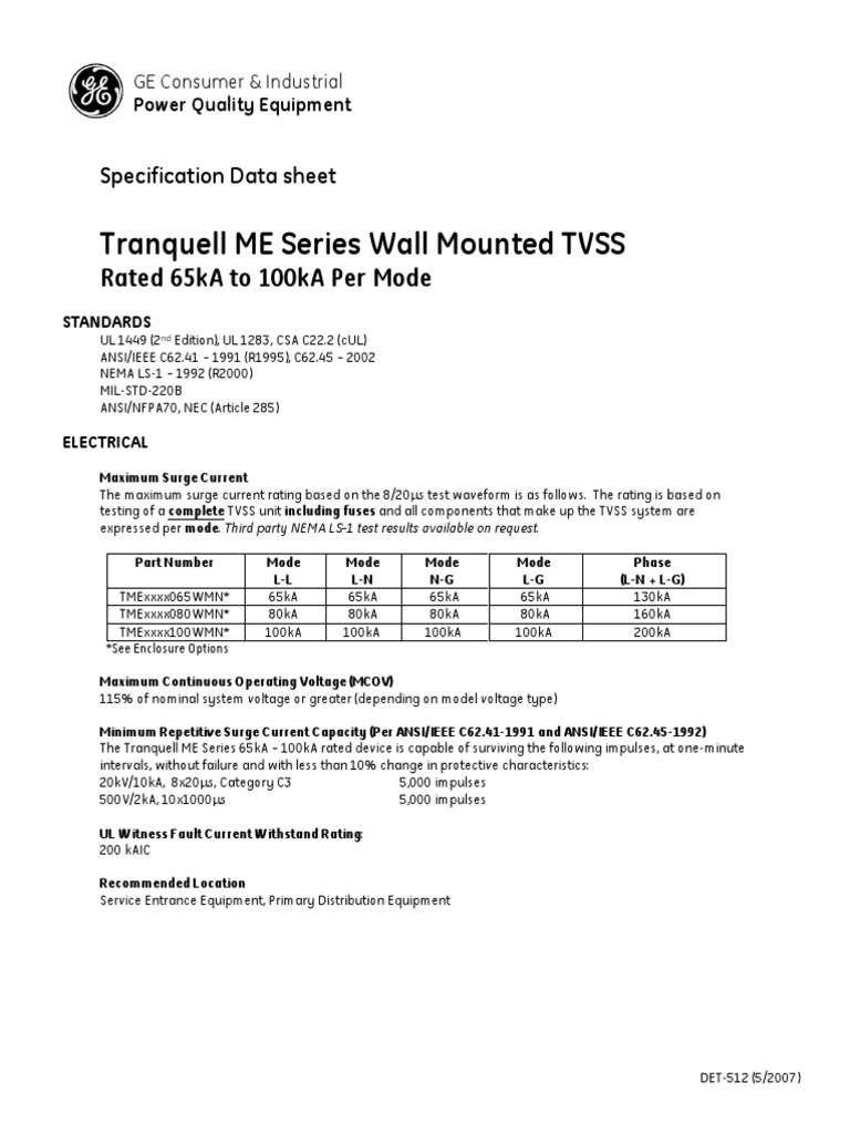 GE TVSS Specification Data Sheet (TME 65ka - 100ka - Wall Monut) | PDF | Fuse (Electrical ...