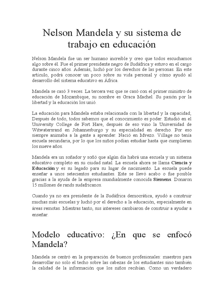 Nelson Mandela y Su Sistema de Trabajo en Educación | PDF | Nelson ...
