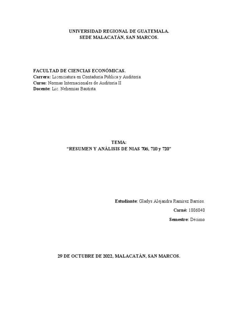 Resumen Nia 706 710 y 720 | PDF | Auditoría | Contralor