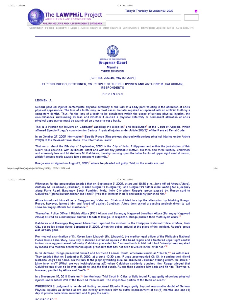 1 Serious Physical Injury - Ruego Vs People | PDF | Dental Implant ...