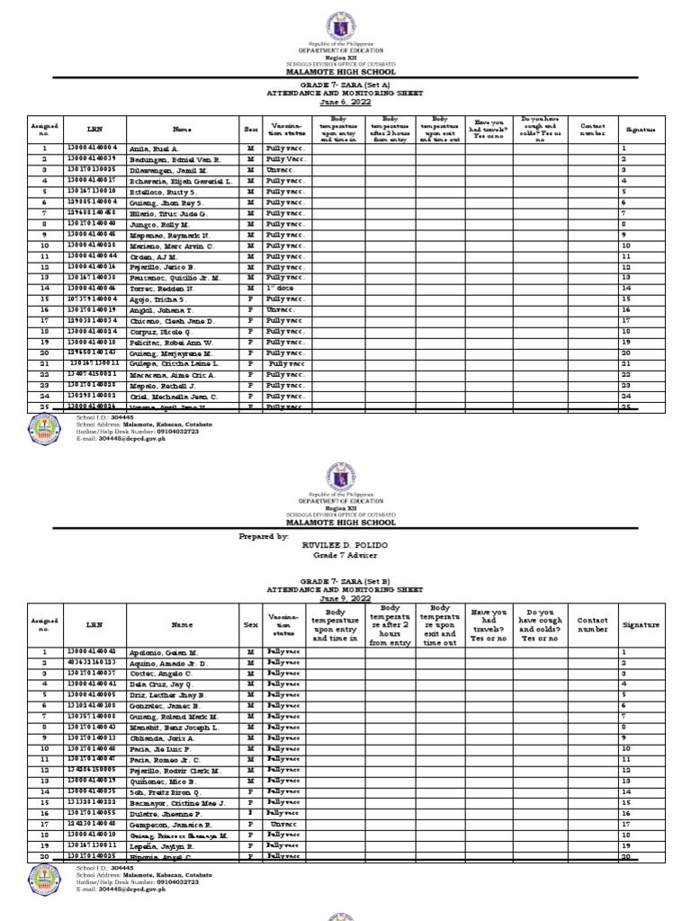 New HEALTH MONITORING SHEET Attendance and Monitoring Sheet | PDF
