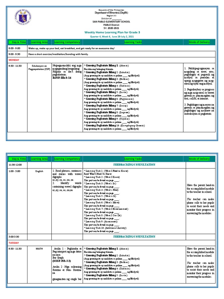 Grade 3 - All Subjects - WHLP - Q4 - W6 | PDF