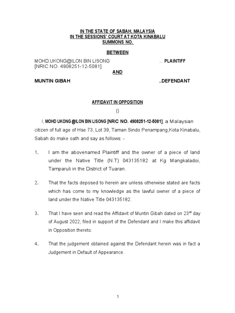Affidavit in Opposition | PDF | Default Judgment | Civil Law (Common Law)