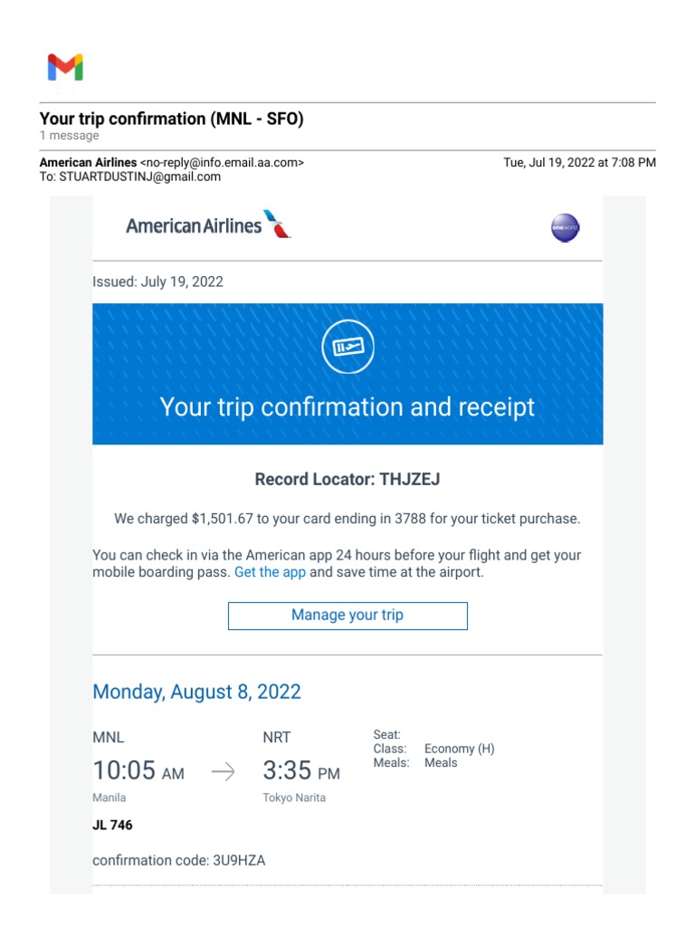 Gmail - Your Trip Confirmation (MNL - SFO) | PDF | American Airlines | Transport