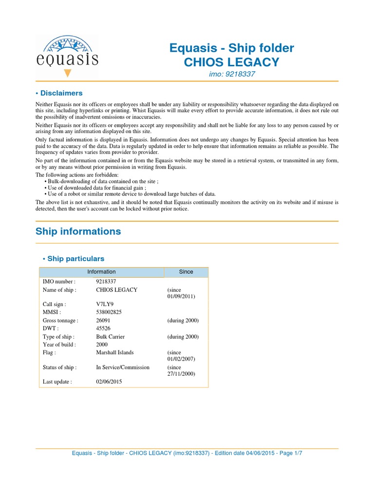 Chios Legacy Equasis Details | PDF | Shipping | Water Transport