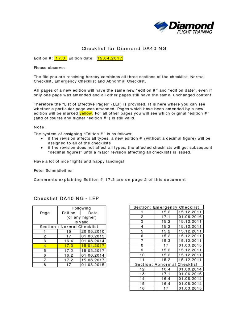 DA40 NG Checklist Edit17 3 A4 | PDF | Engines | Airplane