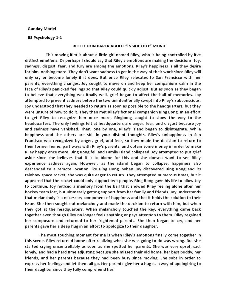 Inside Out Reaction Paper | PDF | Feeling | Subjective Experience