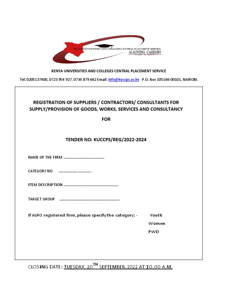 Tender Document For Registration Kuccps - Reg - 2022 - 2024 | PDF ...