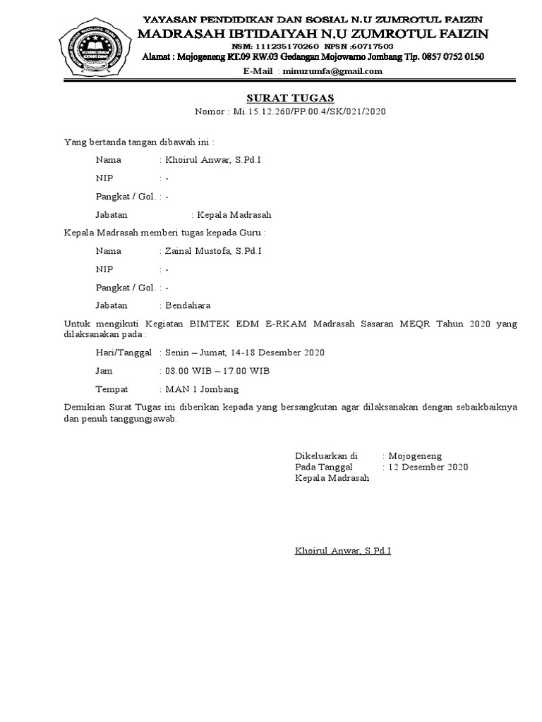 Surat Perintah Tugas Pelatihan BIMTEK EDM E-RKAM 2020 | PDF