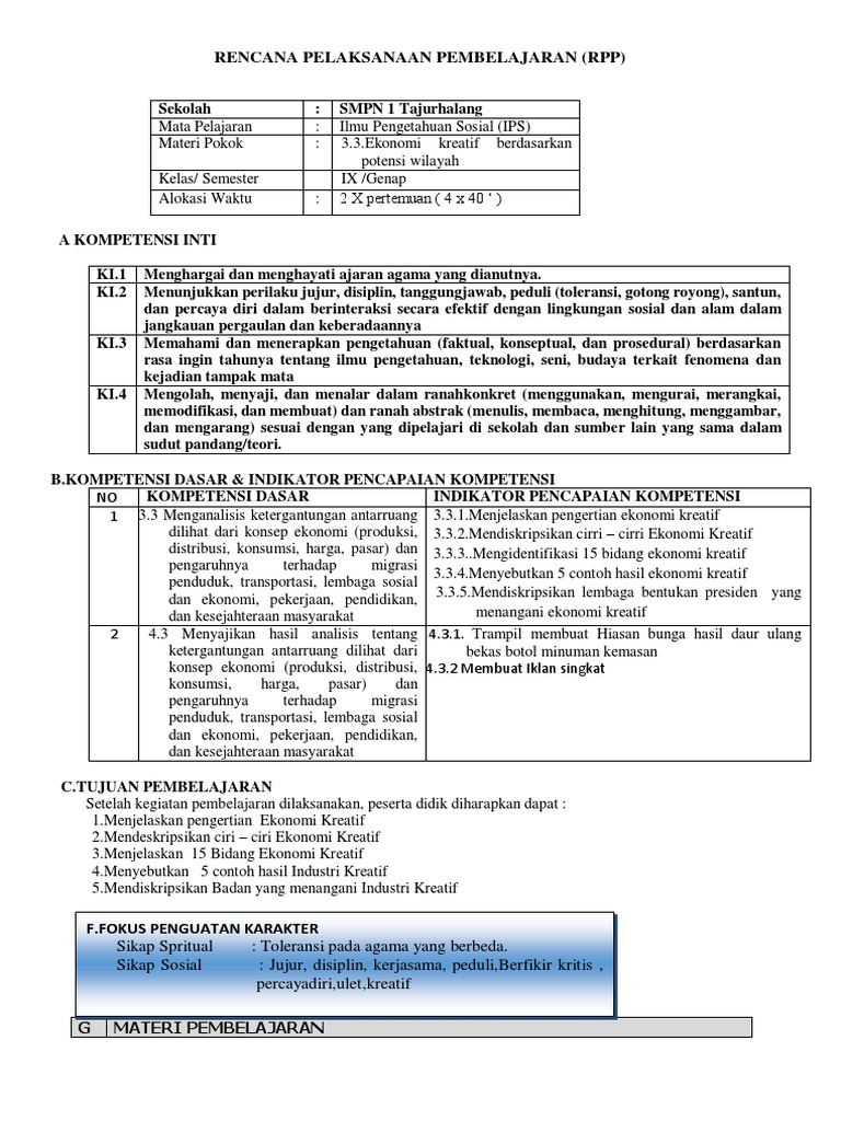 RPP Sem 2 Materi Ekonomi Kreatif No. 2 PDF | PDF