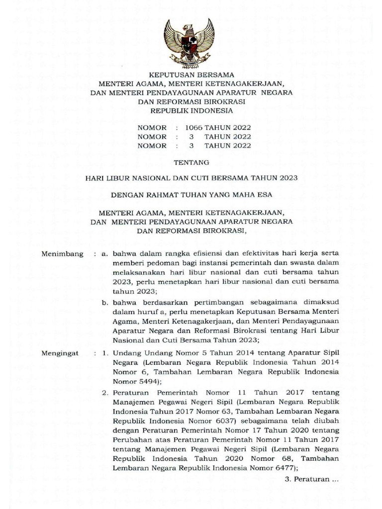 Surat Keputusan Bersama Tentang Libur Nasional Dan Cuti Bersama Tahun 2023 © | PDF