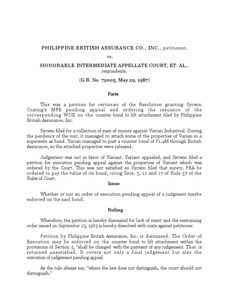 Philippine British Assurance Inc Versus Honorable Intermediate ...