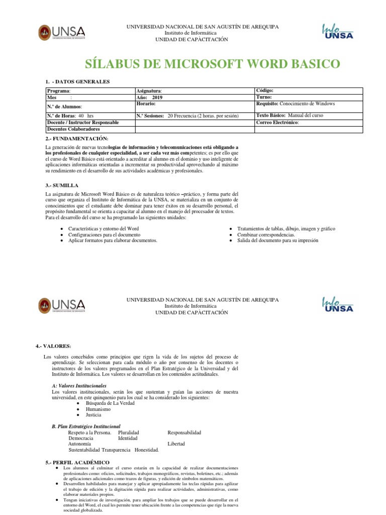 Sílabo Word Básico 2020 | PDF | Evaluación | Informática
