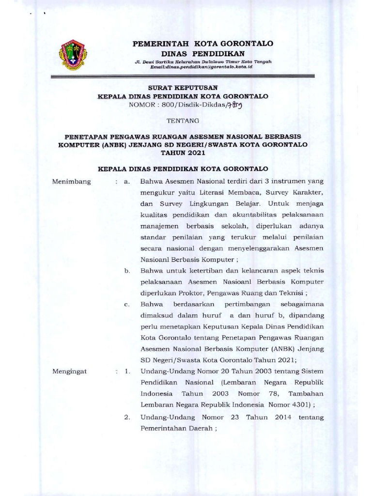 SK Pengawas Ruangan Anbk Jenjang SD Tahun 2021 | PDF