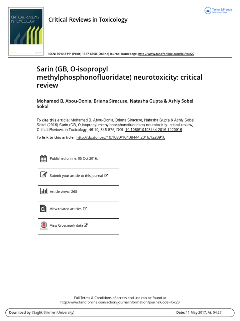 Sarin GB O Isopropyl Methylphosphonofluoridate Neurotoxicity Critical ...