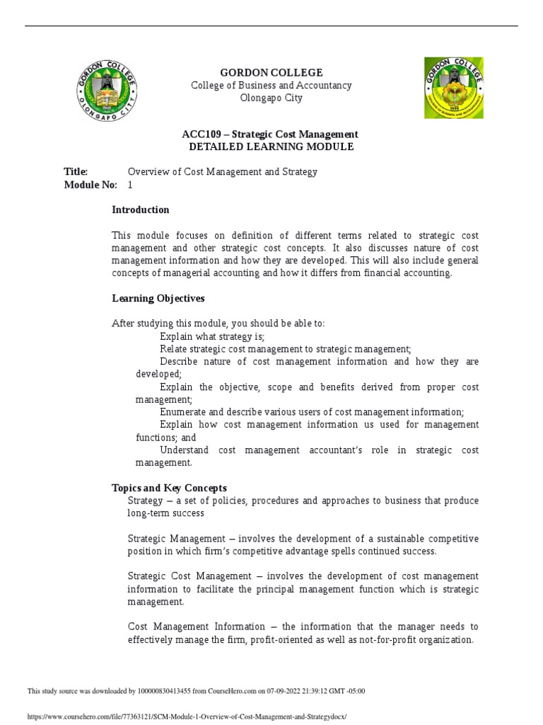 SCM Module 1 Overview of Cost Management and Strategy | PDF ...