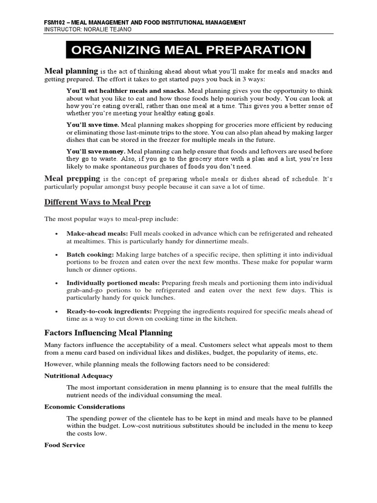 Meal Planning and Preparation Essentials | PDF | Meal | Foods