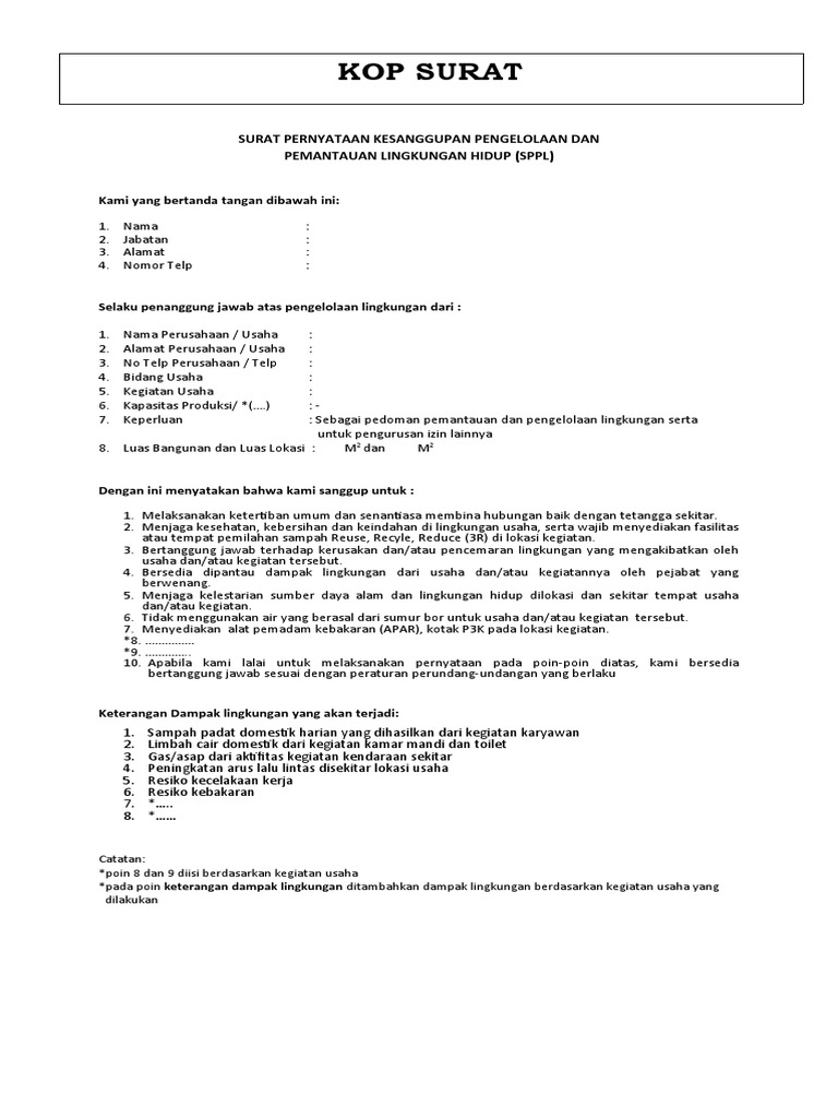 Contoh Draft Dan Permohonan SPPL | PDF | Bisnis | Pengelolaan Keuangan ...