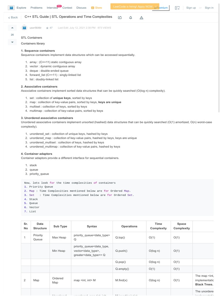 C Stl Guide Stl Operations And Time Complexities Leetcode Discuss