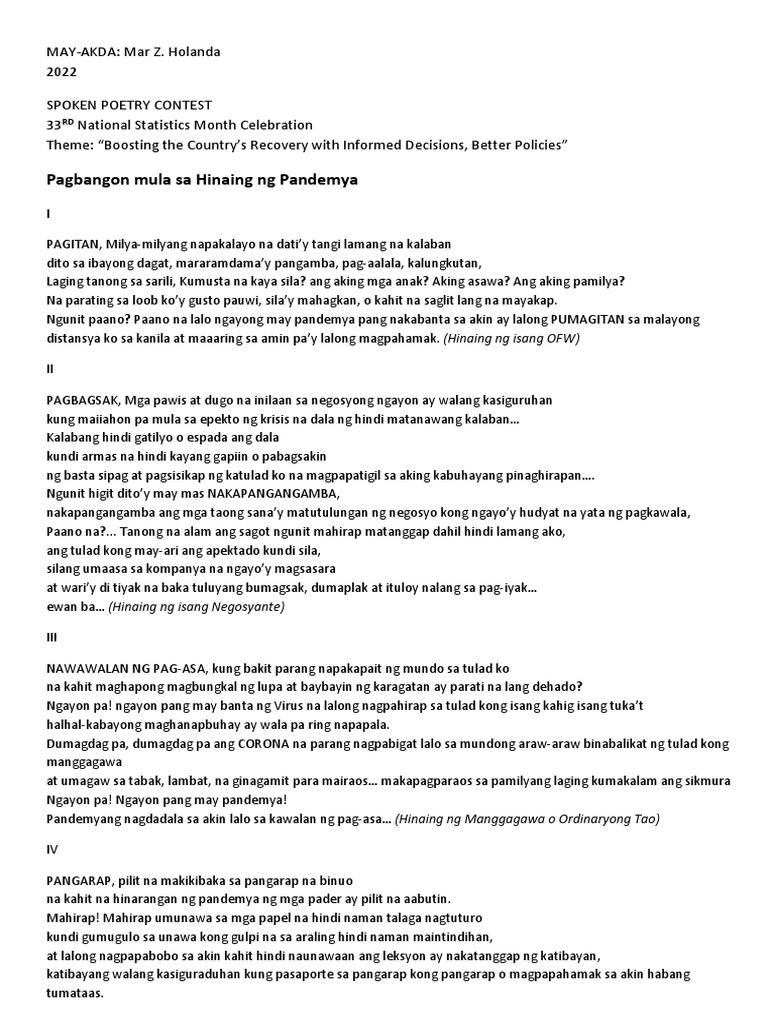 Pagbangon Sa Hinaing NG Pandemya (Tula para Sa Pagbikas NG Tula NG MCR ...