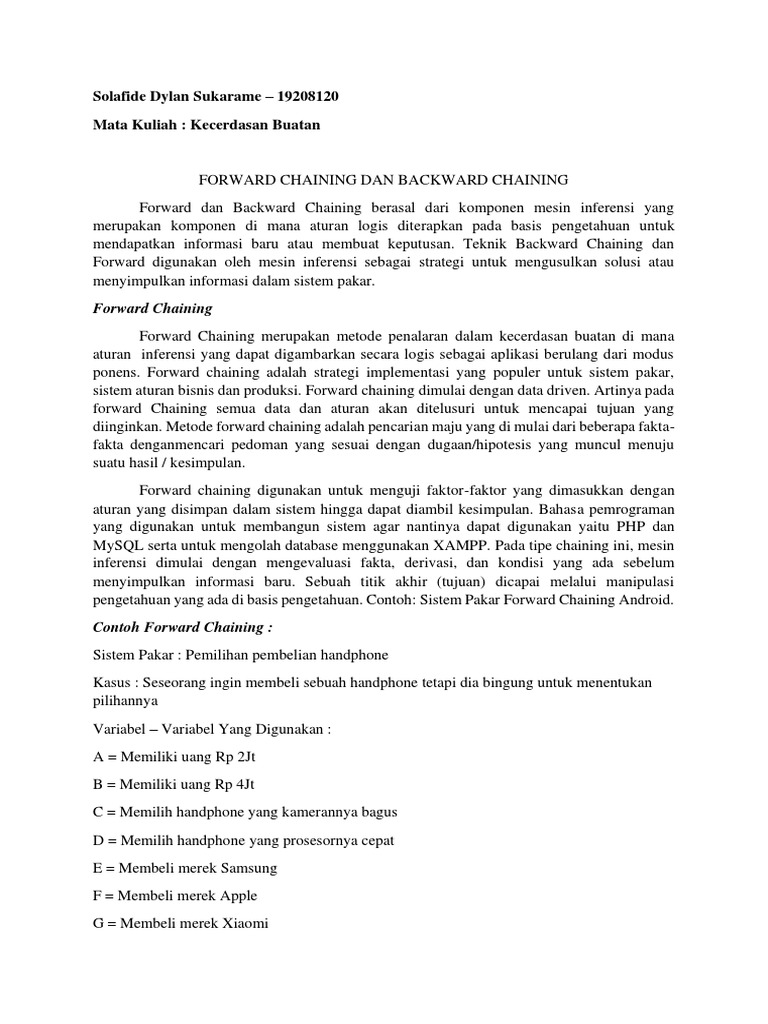 Metode Inferensi dalam Kecerdasan Buatan: Perbandingan Forward Chaining dan Backward Chaining | PDF