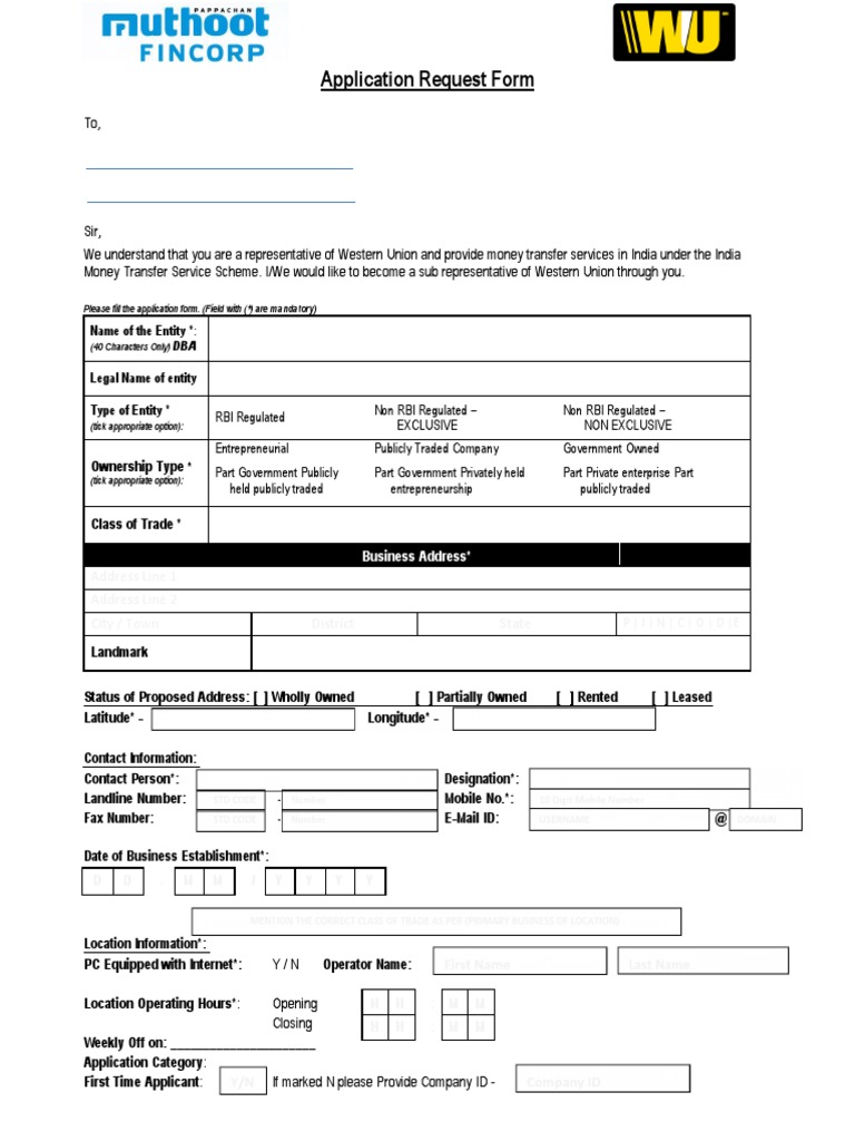 Western Union Sub-Agent Application | PDF | Wire Transfer | Western Union