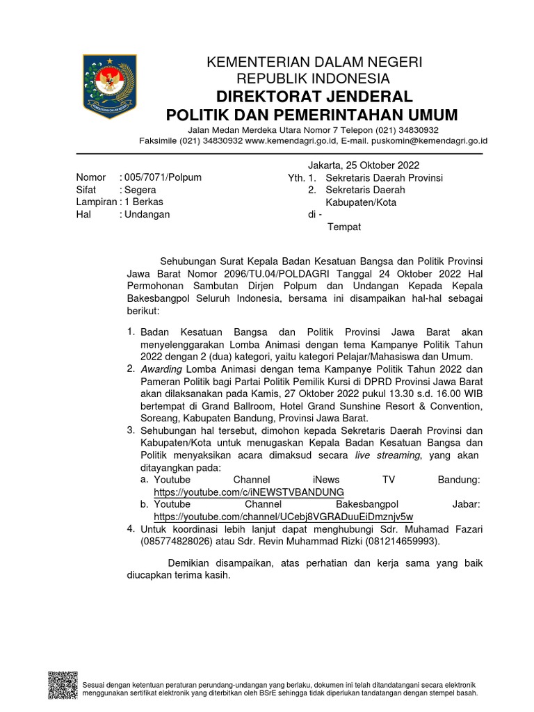 Surat Kepada Sekda Prov Dan Kab Kota Terkait Undangan Menyaksikan Acara Awarding Bakesbangpol ...