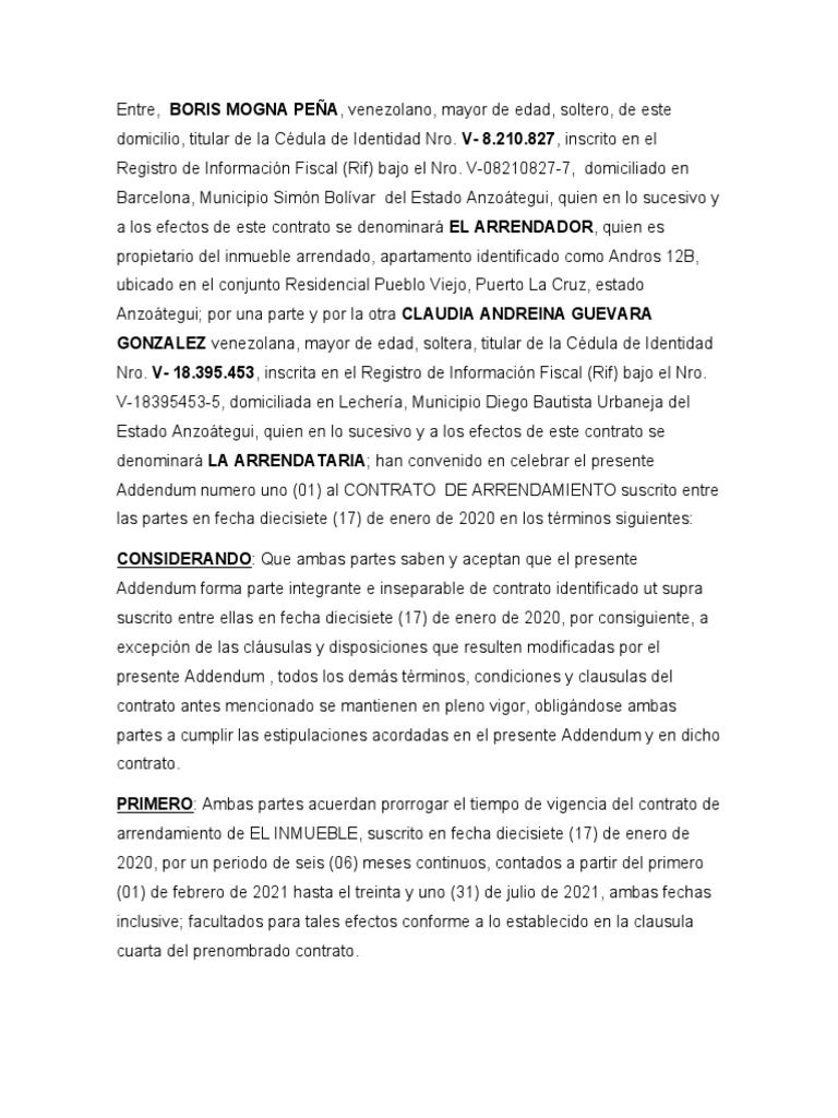 ADDENDUM No. 1 CONTRATO ARRENDAMIENTO ANDROS 12B ENERO 2021 | PDF