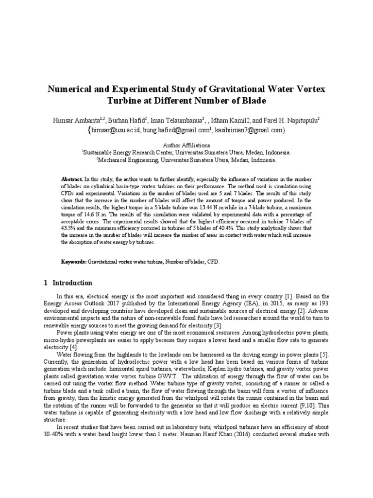Numerical and Experimental Study of Gravitational Water Vortex Turbine ...