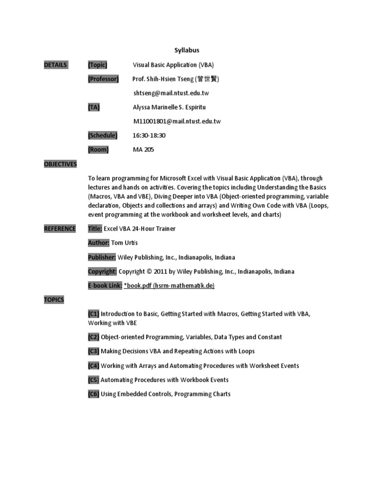 VBA Syllabus | PDF | Visual Basic For Applications | Microsoft Excel
