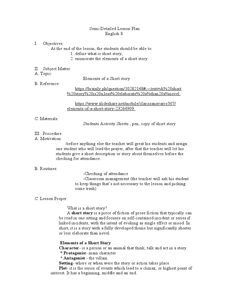 Semi-Detailed Lesson Plan English 8 | PDF | Narration | Lesson Plan