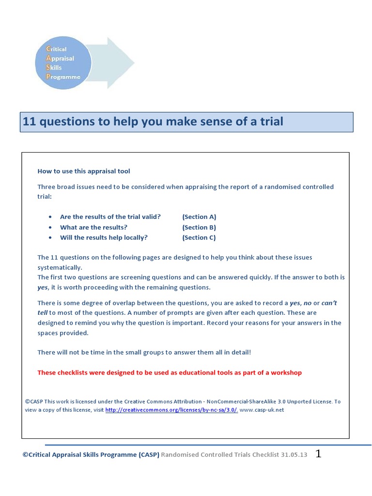 Critical Appraisal Tool for RCT | PDF | Randomized Controlled Trial ...