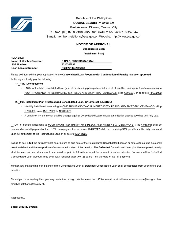 SSS Consolidated Loan Approval Notice | PDF | Loans | Amortization ...