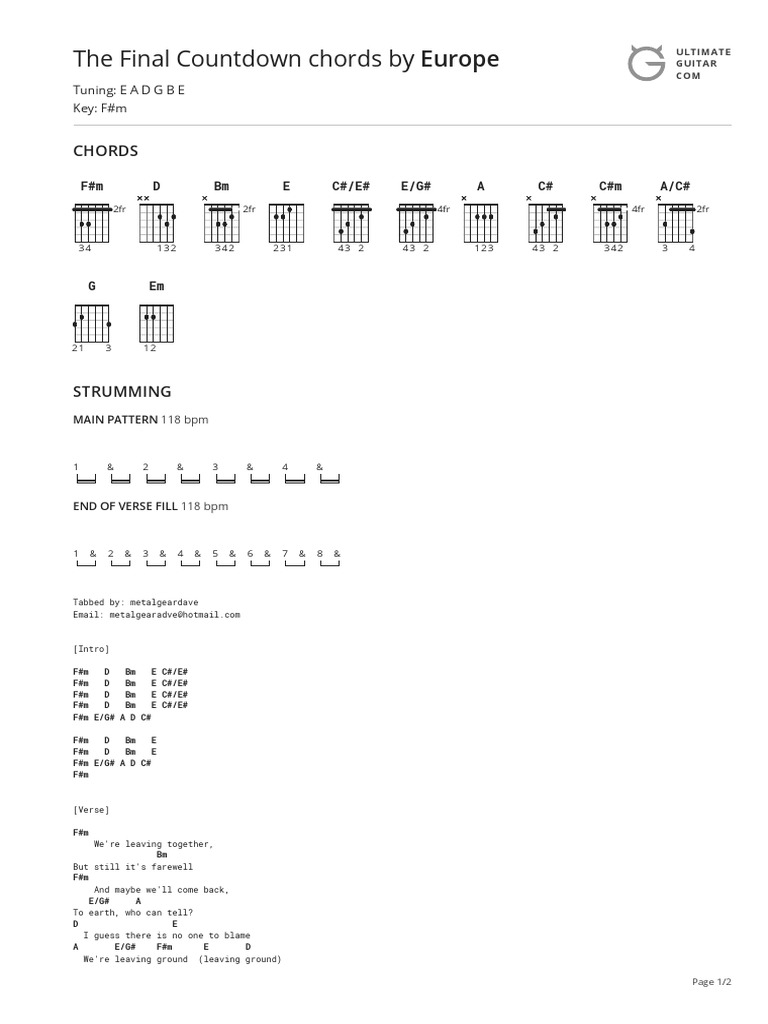 The Final Countdown Chords by Europetabs at Ultimate Guitar Archive ...