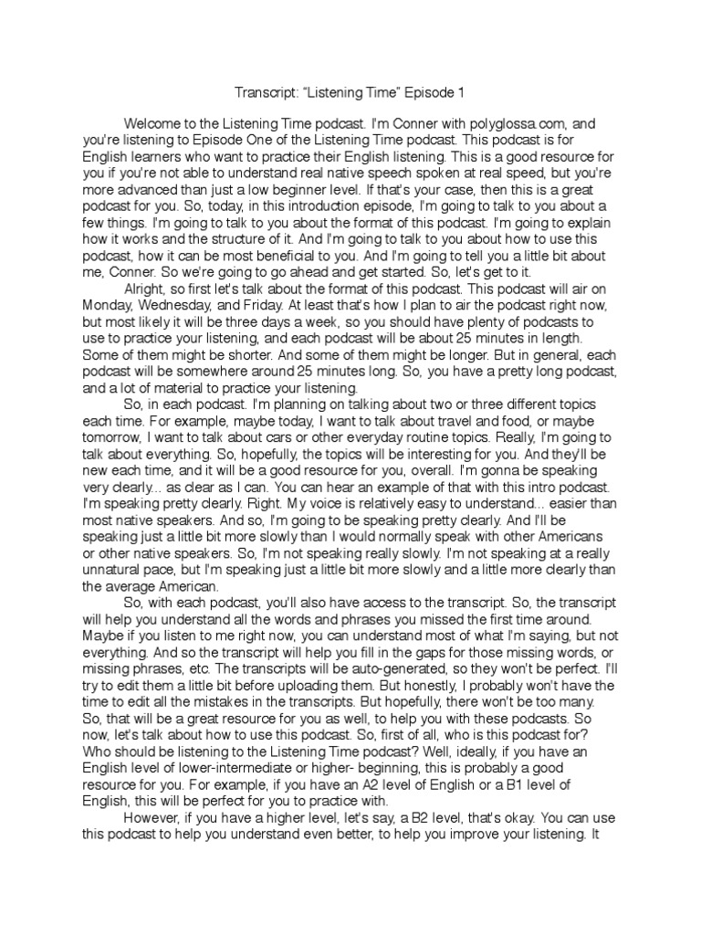 Episode 1 Transcript - Listening Time | PDF | Vocabulary | Podcast